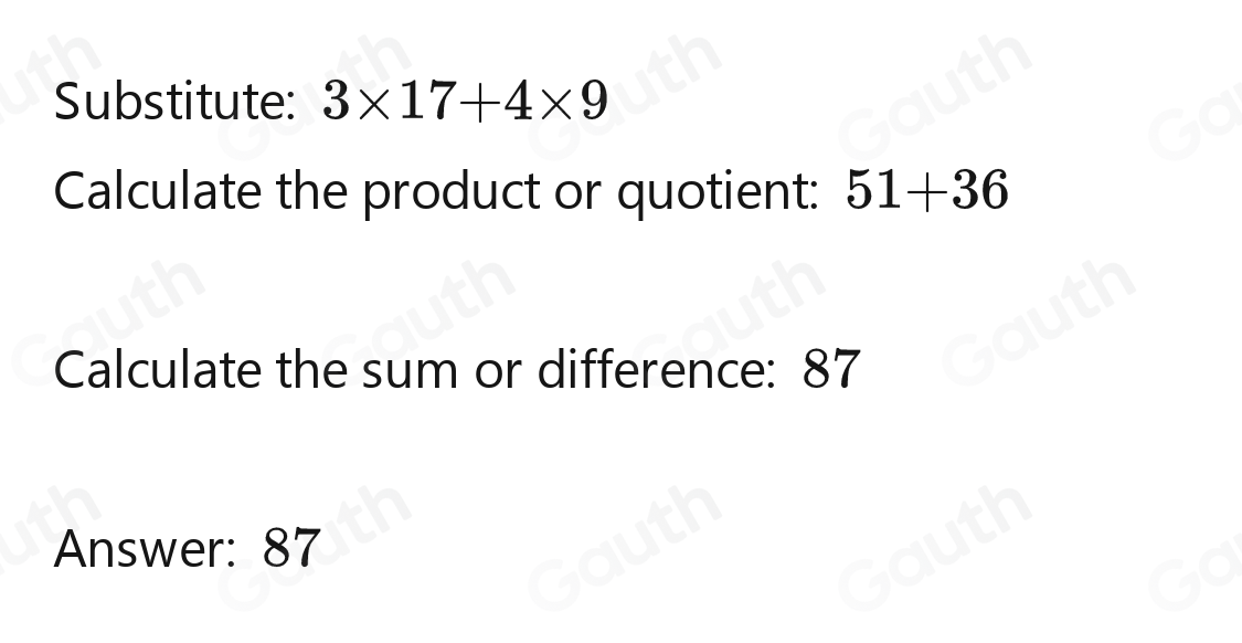 Solved: Find the value of 3a+4b when a=17 and b=9 [Math]