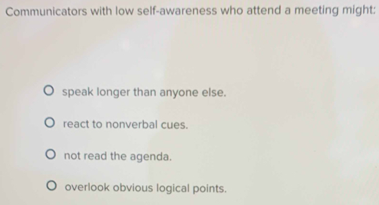 Solved: Communicators with low self-awareness who attend a meeting ...