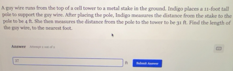 Solved: A guy wire runs from the top of a cell tower to a metal stake ...