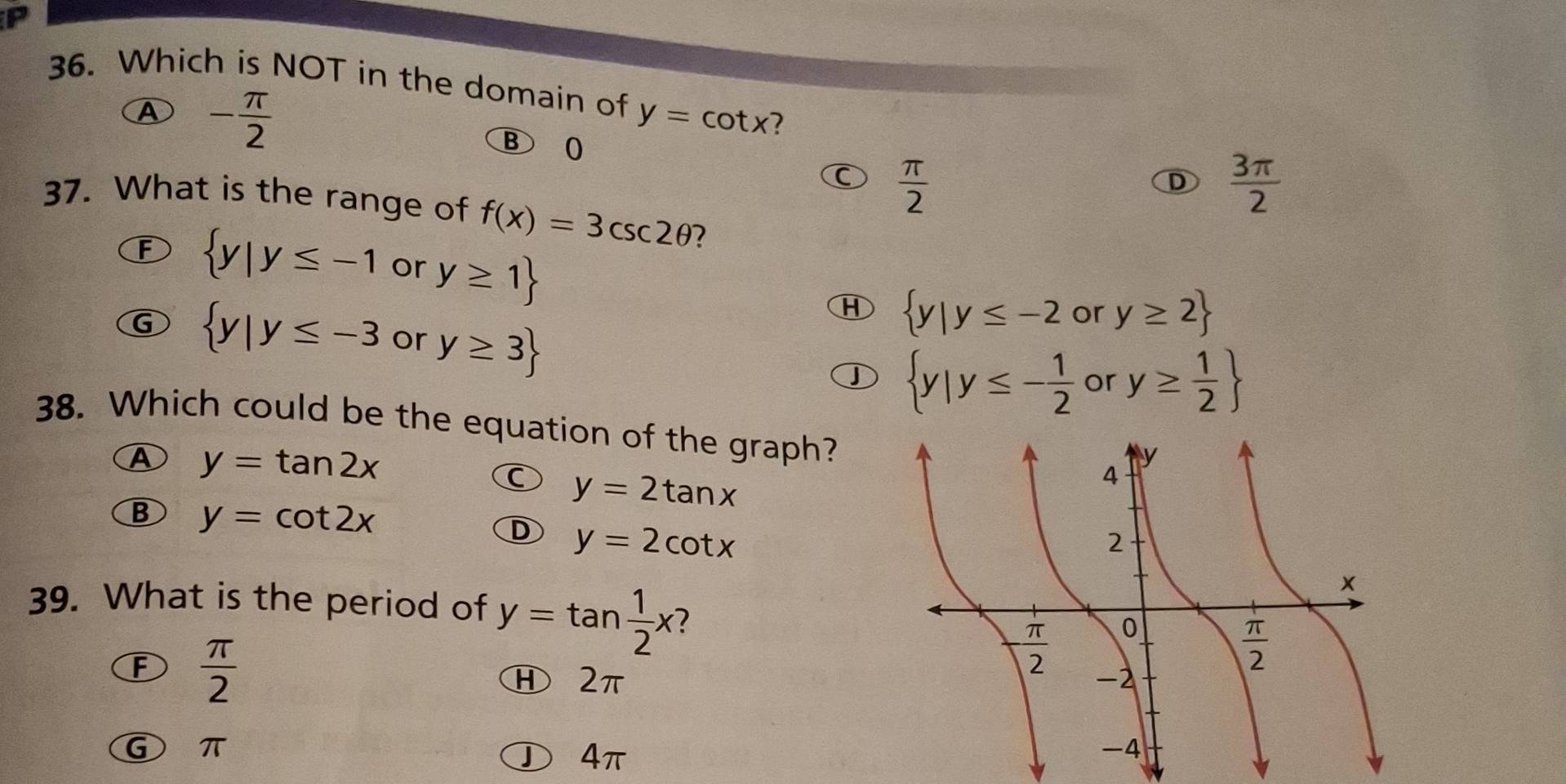 Solved: Which is NOT in the domain of y=cot x 7 A - π /2 B 0 C π /2 D ...