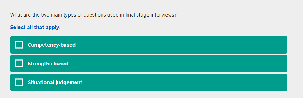 Solved: What are the two main types of questions used in final stage interviews? Select all that ...