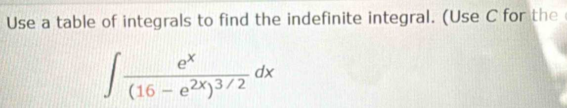 Solved: Use a table of integrals to find the indefinite integral. (Use C for the ∈t frac e^x(16 ...