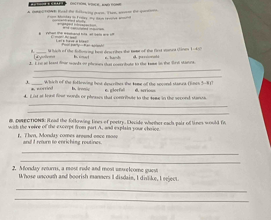 Solved: AuTHOR' CRAFT DICTION, VOICE, AND TONE A. DIRECTIONS) Read the ...