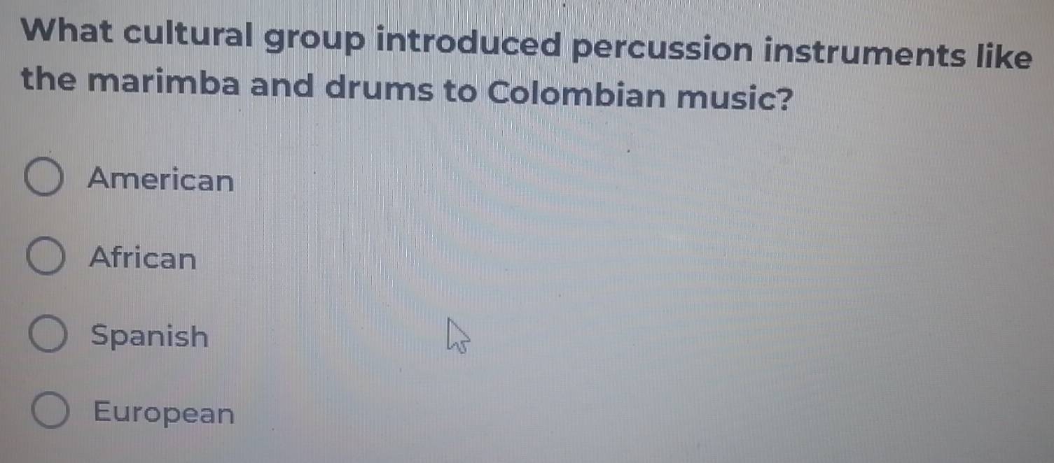 Resuelto:What cultural group introduced percussion instruments like the ...