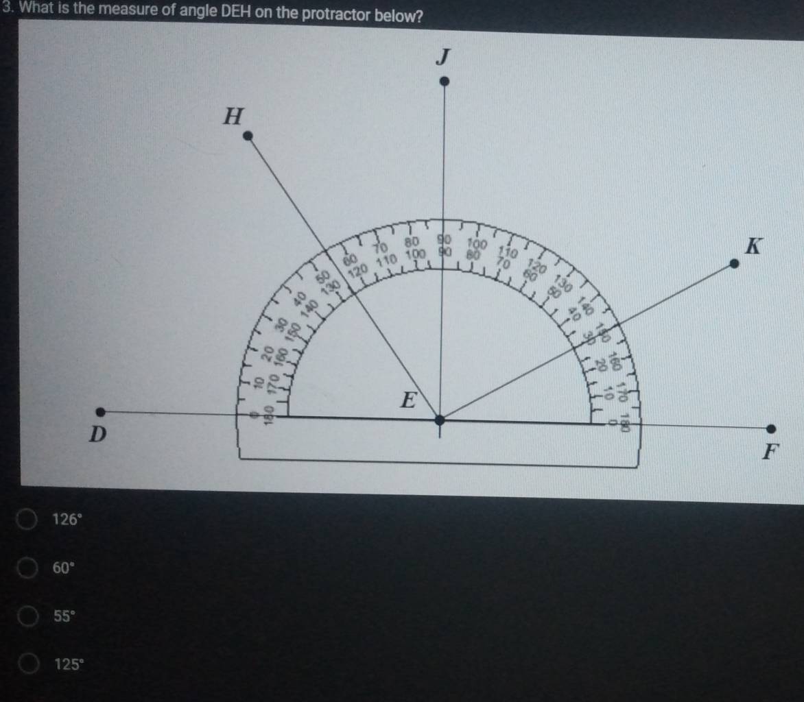 Solved: What is the measure of angle DEH on the protractor below? 126 ...