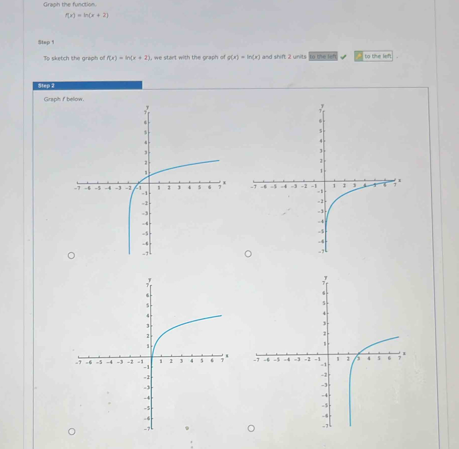 Solved: Graph the function. f(x)=ln (x+2) Step 1 To sketch the graph of ...