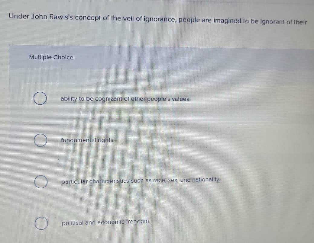 Solved: Under John Rawls's concept of the veil of ignorance, people are ...