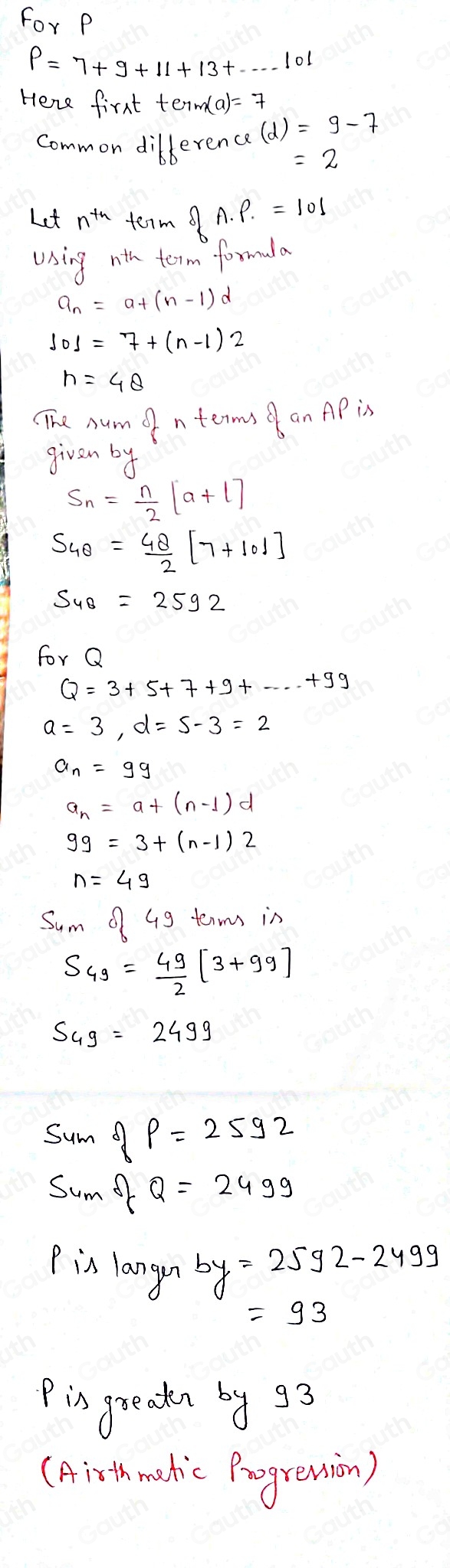 Solved: If P=7+9+11+13+...+101 and Q=3+5+7+9+...+99 are sums of ...