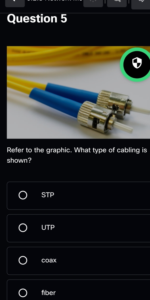 Solved: Refer to the graphic. What type of cabling is shown? STP UTP ...