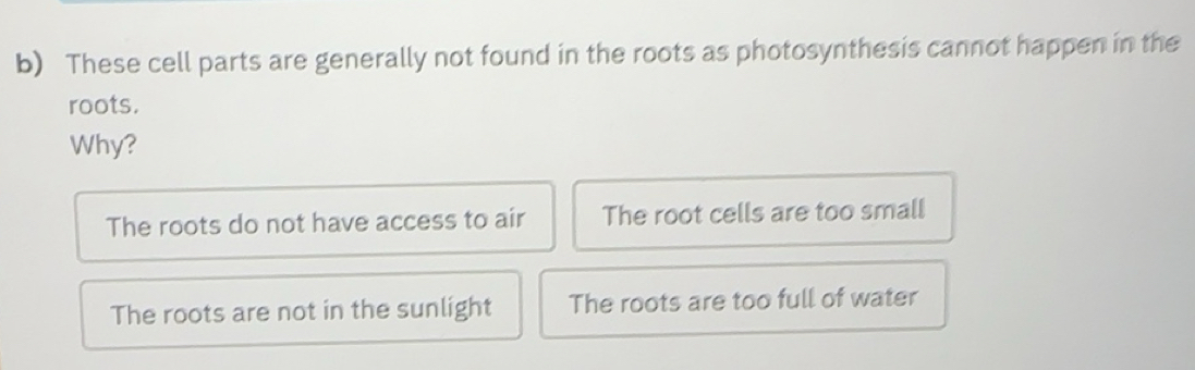 Solved: These cell parts are generally not found in the roots as ...
