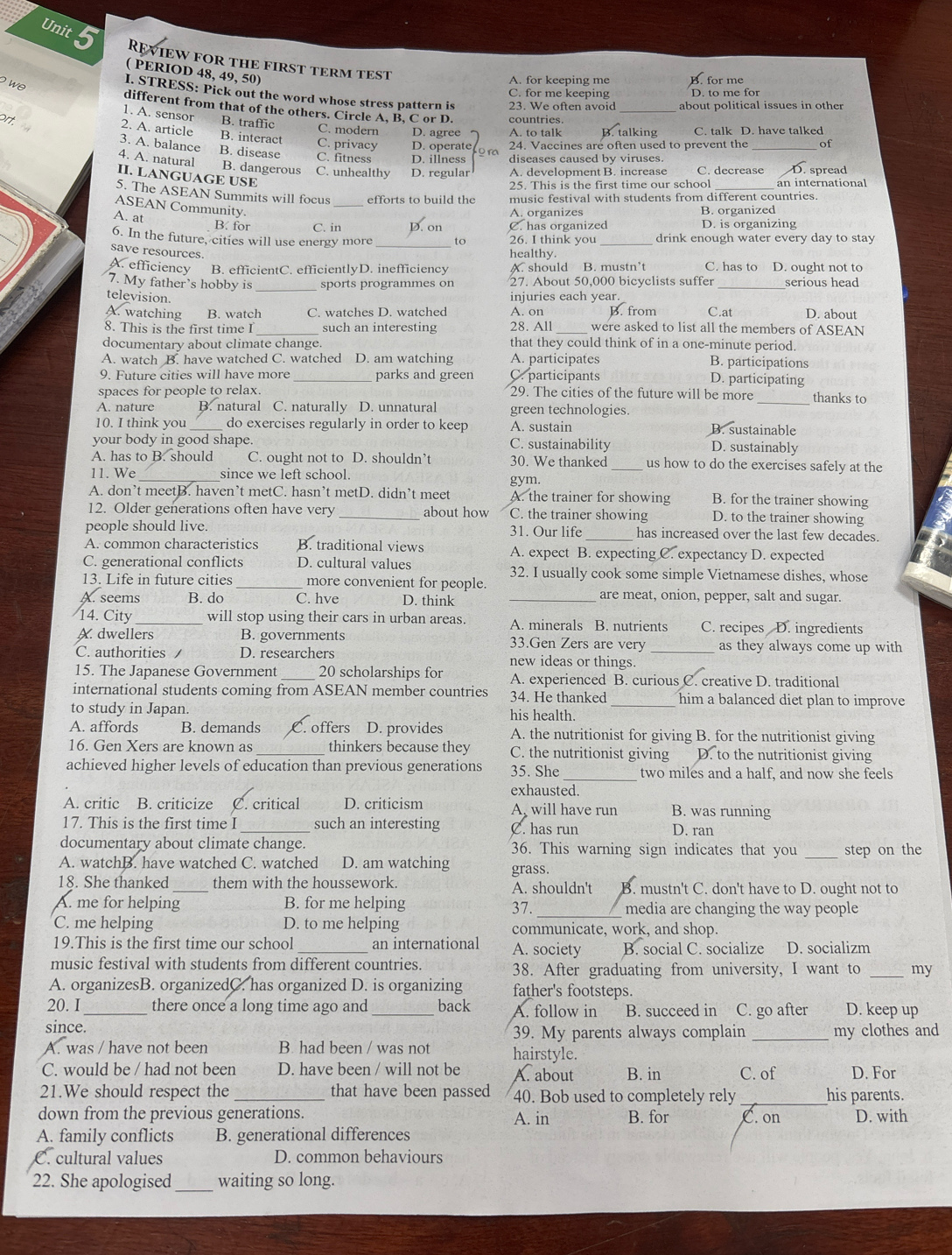 Giải quyết:Unit REVIEW FOR THE FIRST TERM TEST ( PERIOD 48, 49, 50) A ...