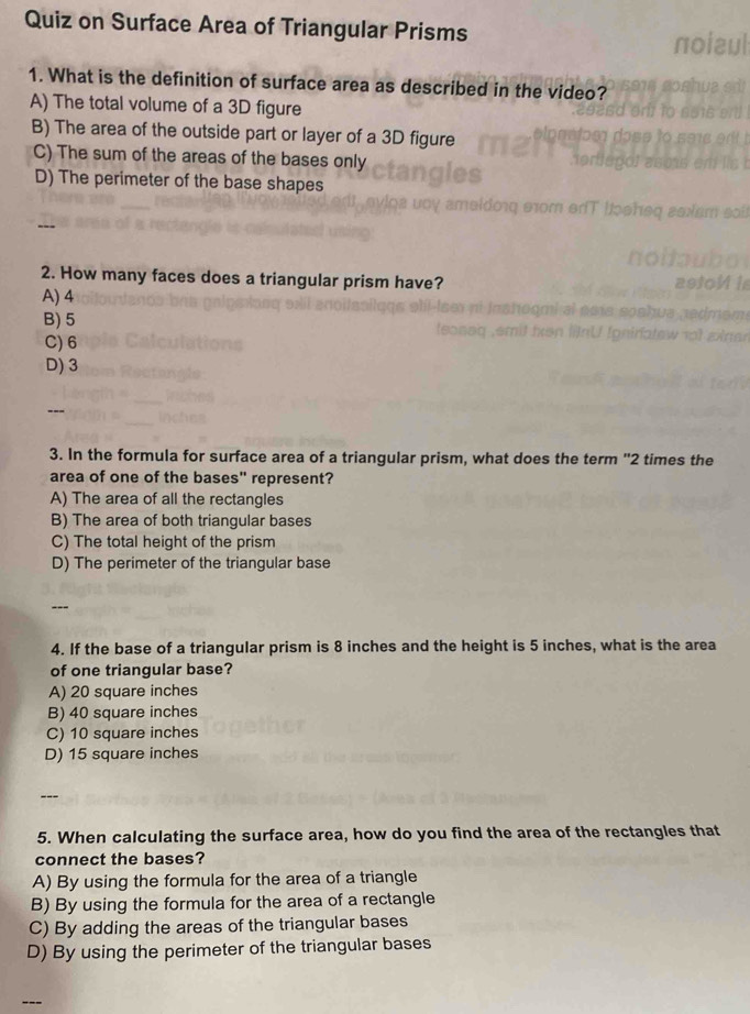 Solved: Quiz on Surface Area of Triangular Prisms 1. What is the ...