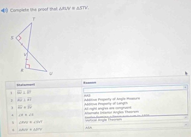 Solved: Complete the proof that RUV≌ STV. Statement Reason 1 overline ...
