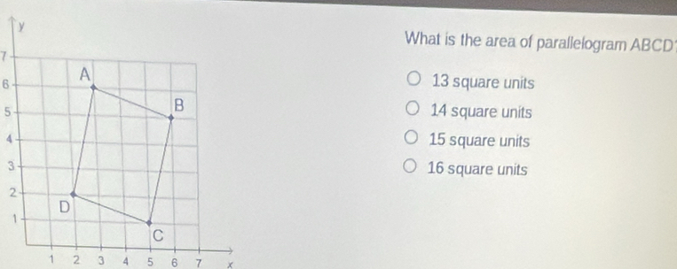Solved: What is the area of parallelogram ABCD 7 6 A 13 square units B ...