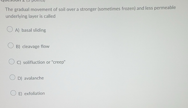 Solved: 2 (5 pomts) The gradual movement of soil over a stronger ...