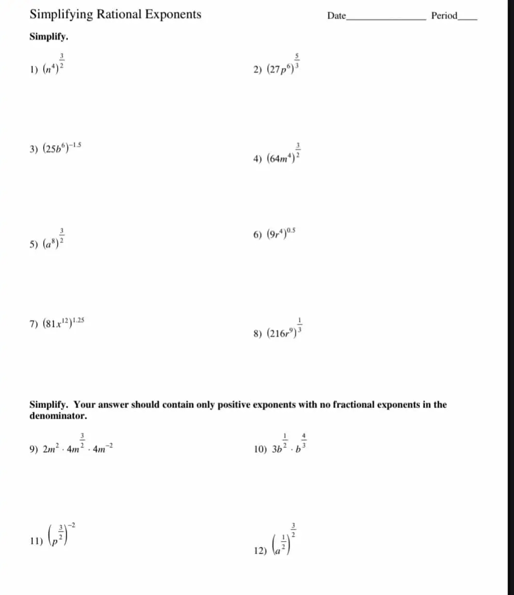 Solved: Simplifying Rational Exponents Date_ Period_ Simplify. 1) (n^4 ...