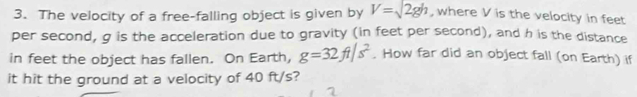 Solved: The velocity of a free-falling object is given by V=sqrt(2gh ...