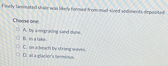 Solved: Finely laminated shale was likely formed from mud-sized ...