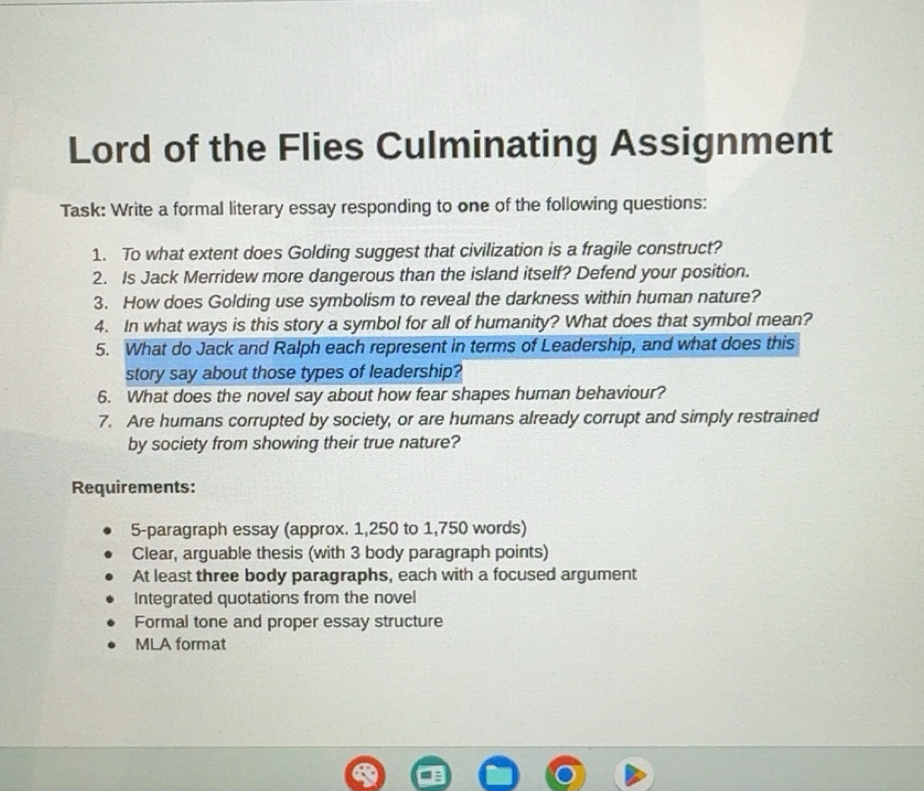 Solved: Lord of the Flies Culminating Assignment Task: Write a formal ...