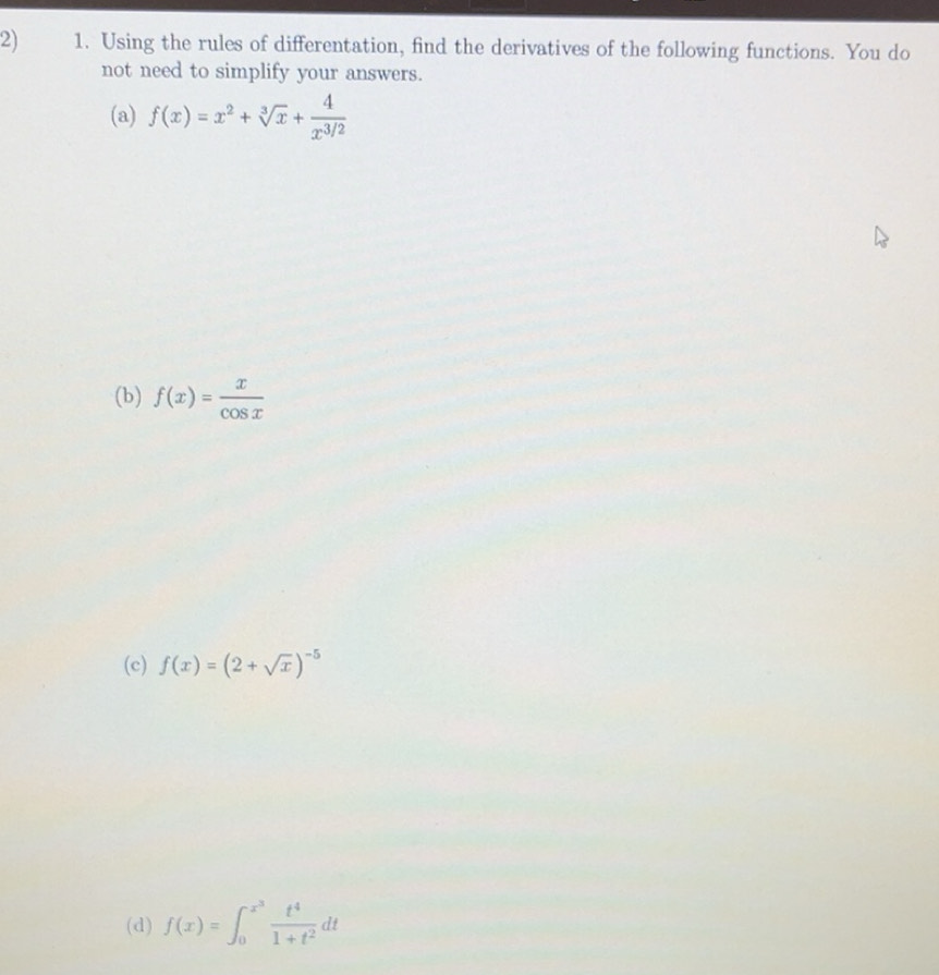 Solved: Using the rules of differentation, find the derivatives of the ...