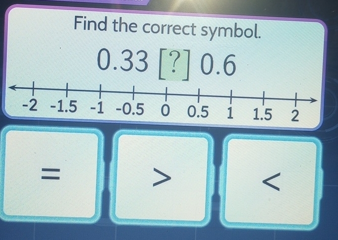 Solved: Find the correct symbol. 0.33 [?] 0.6 = [Math]
