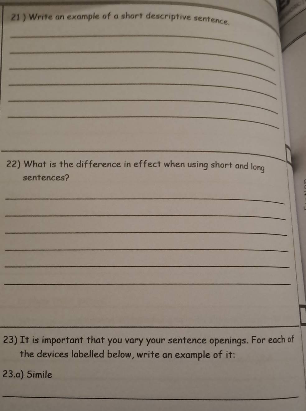 Solved: 21 ) Write an example of a short descriptive sentence ...