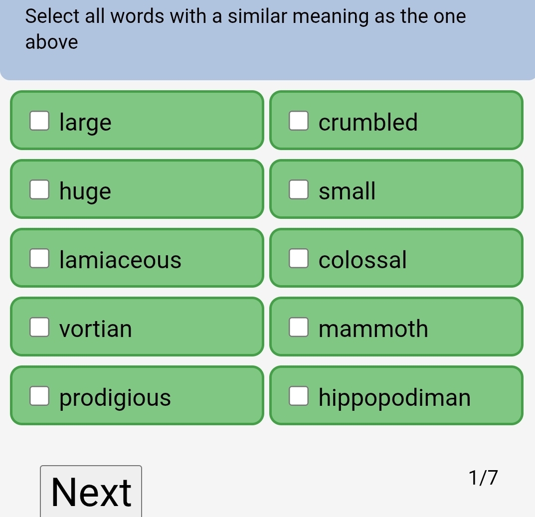 Solved: Select all words with a similar meaning as the one above large ...