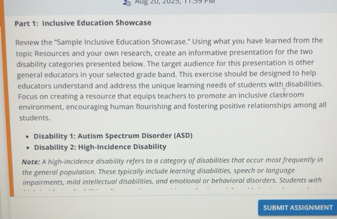 Solved: Aug 20, 2025, 11:59 PM Part 1: Inclusive Education Showcase ...
