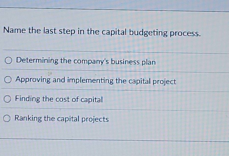 Solved: Name the last step in the capital budgeting process ...