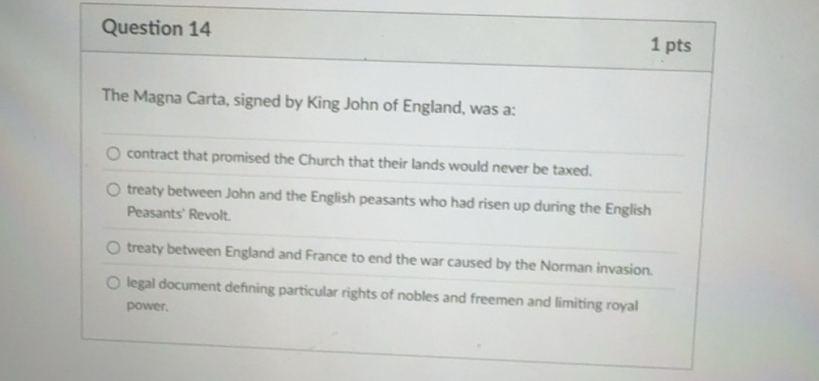 Solved: The Magna Carta, signed by King John of England, was a ...
