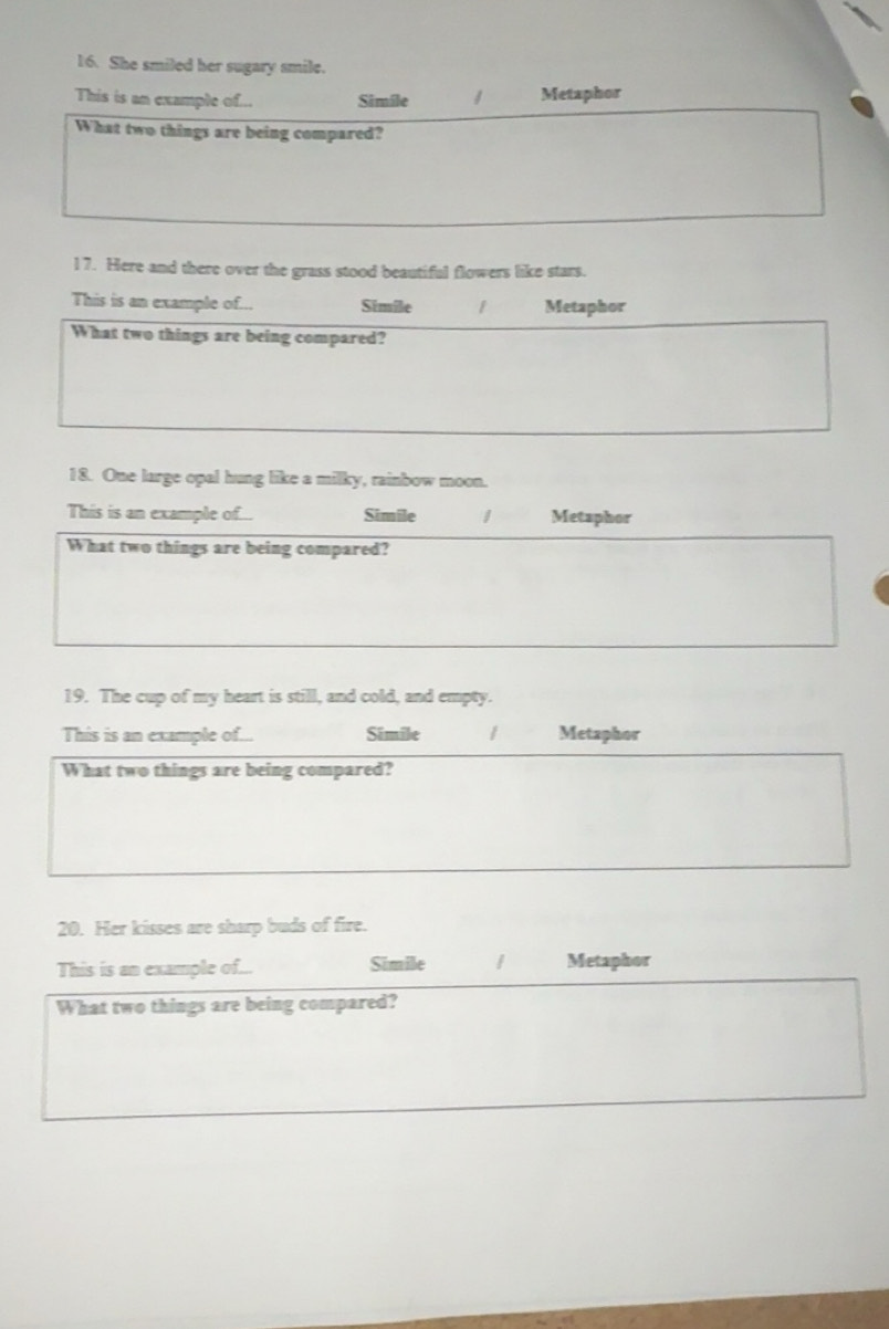 Solved: She smiled her sugary smile. This is an example of... Simile ...