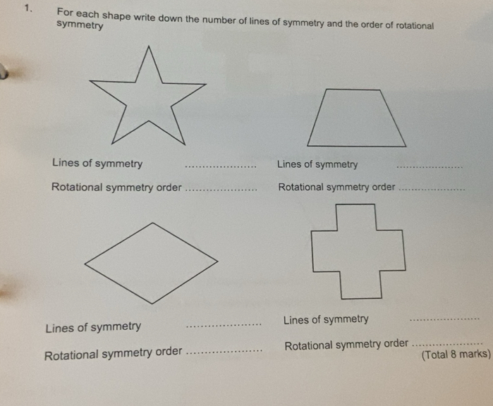 Solved: For each shape write down the number of lines of symmetry and the order of rotational ...