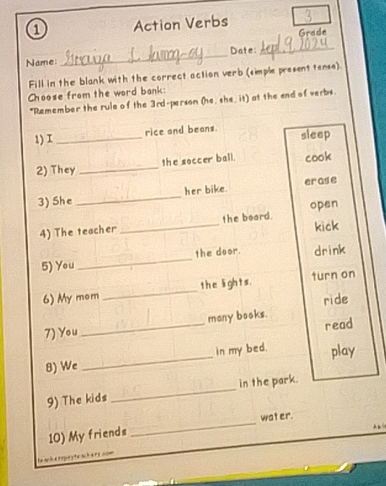 Solved: ① Action Verbs Grade Name: _Date:_ Fill in the blank with the ...