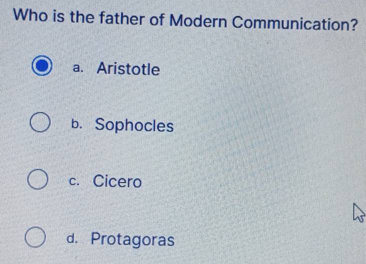 Solved: Who is the father of Modern Communication? a. Aristotle b ...