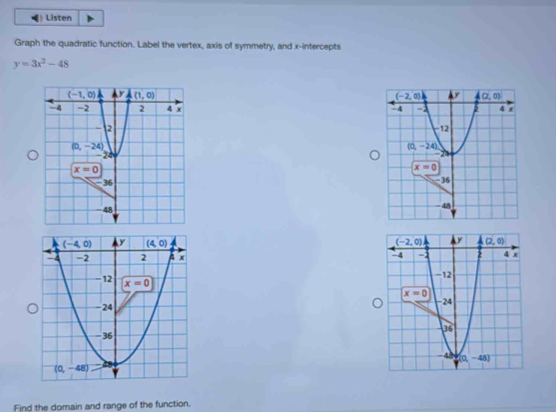 Solved: Listen Graph the quadratic function. Label the vertex, axis of ...
