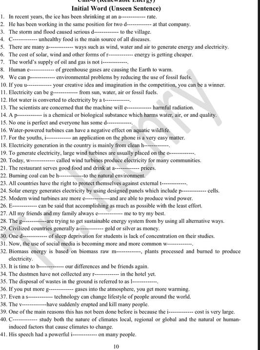 Résolu :8 (Renewabie Energy ) Initial Word (Unseen Sentence) 1. In ...