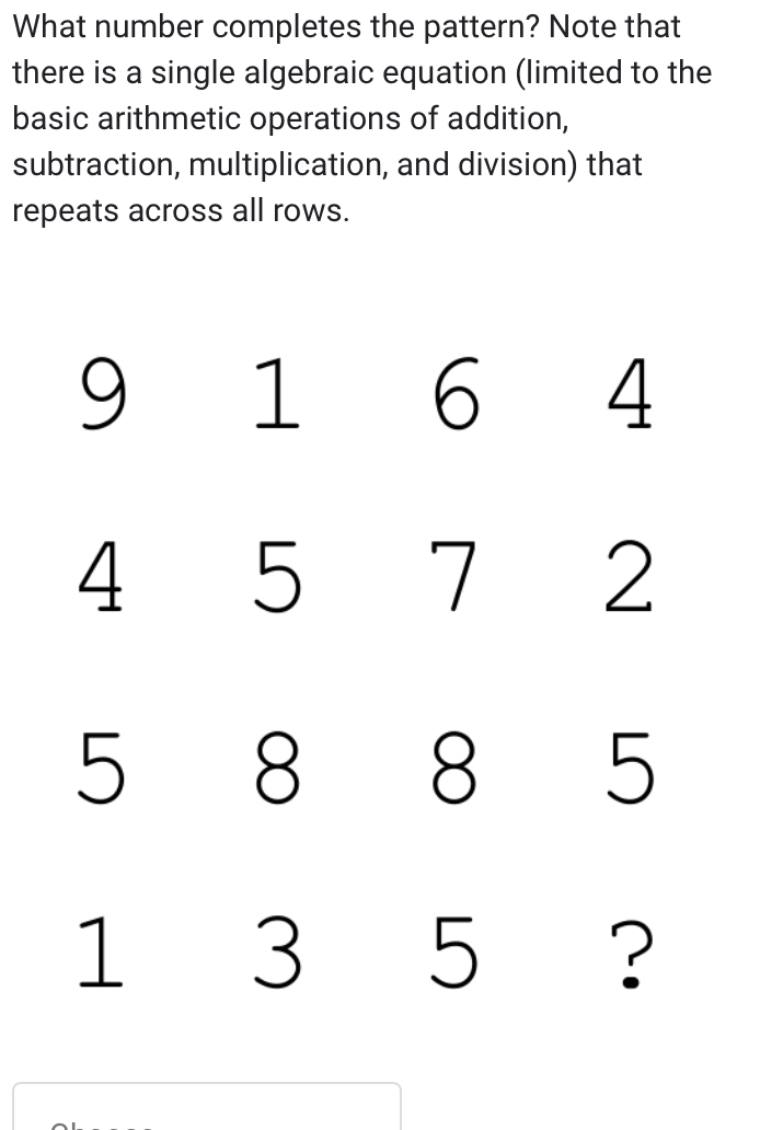 Solved: What number completes the pattern? Note that there is a single ...
