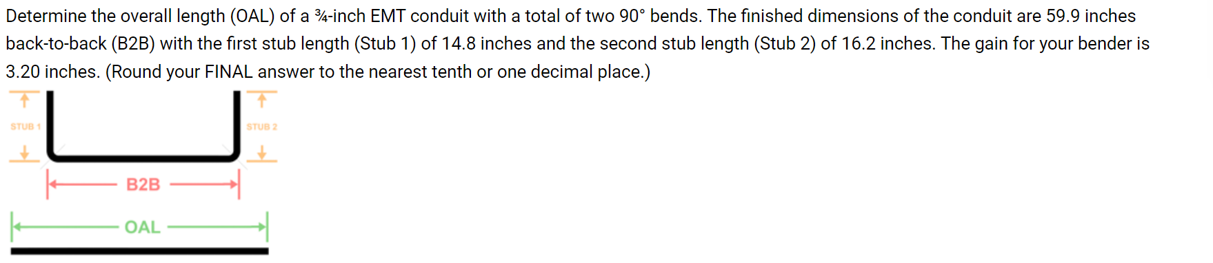 Solved: Determine the overall length (OAL) of a ¾-inch EMT conduit with ...