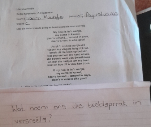 Solved: Literatuurstudie Gedig: Sproeireen -D.J.Opperman Naam _Datum ...