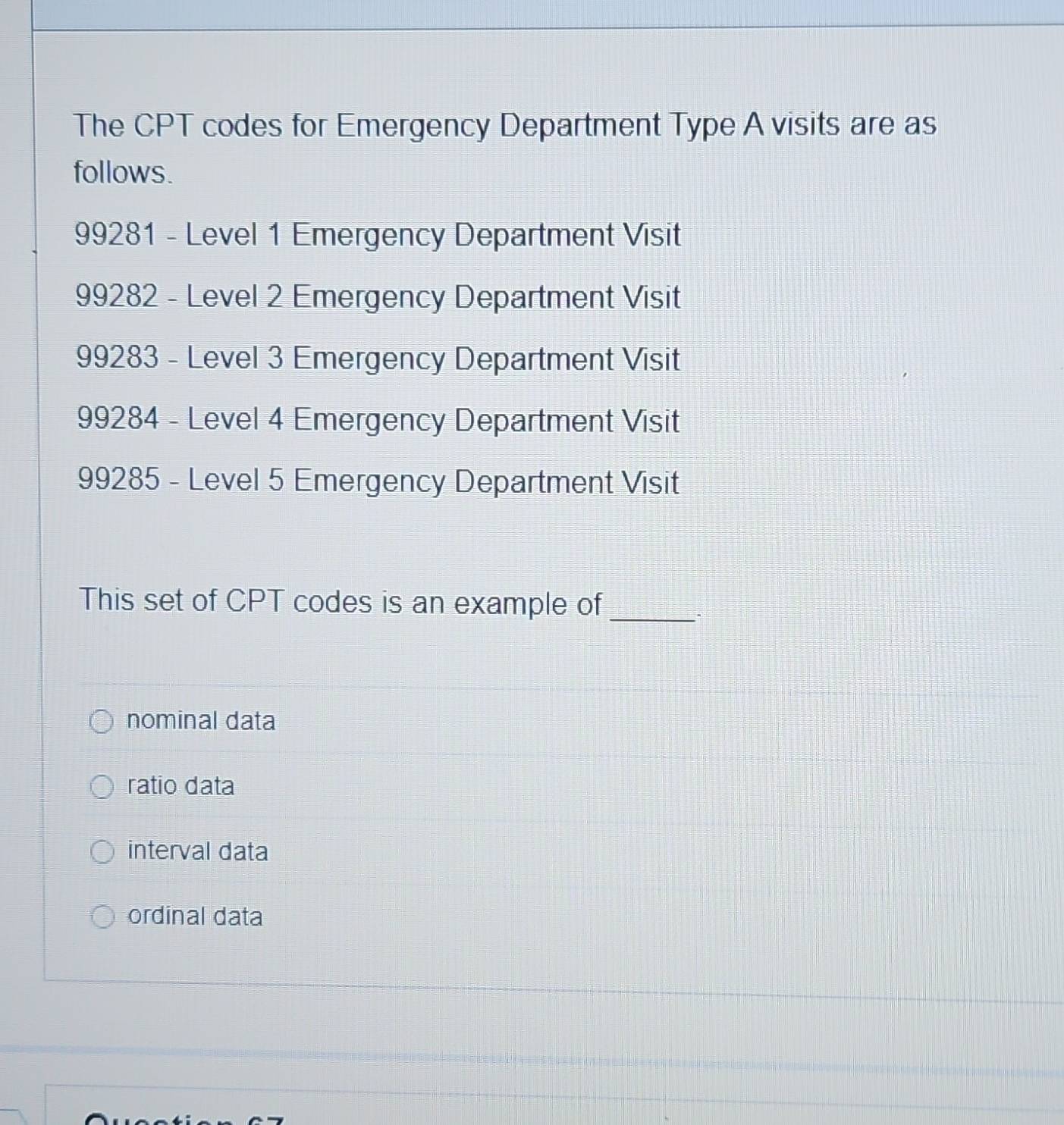 Solved: The CPT codes for Emergency Department Type A visits are as follows. * 99281 - Level 1 ...