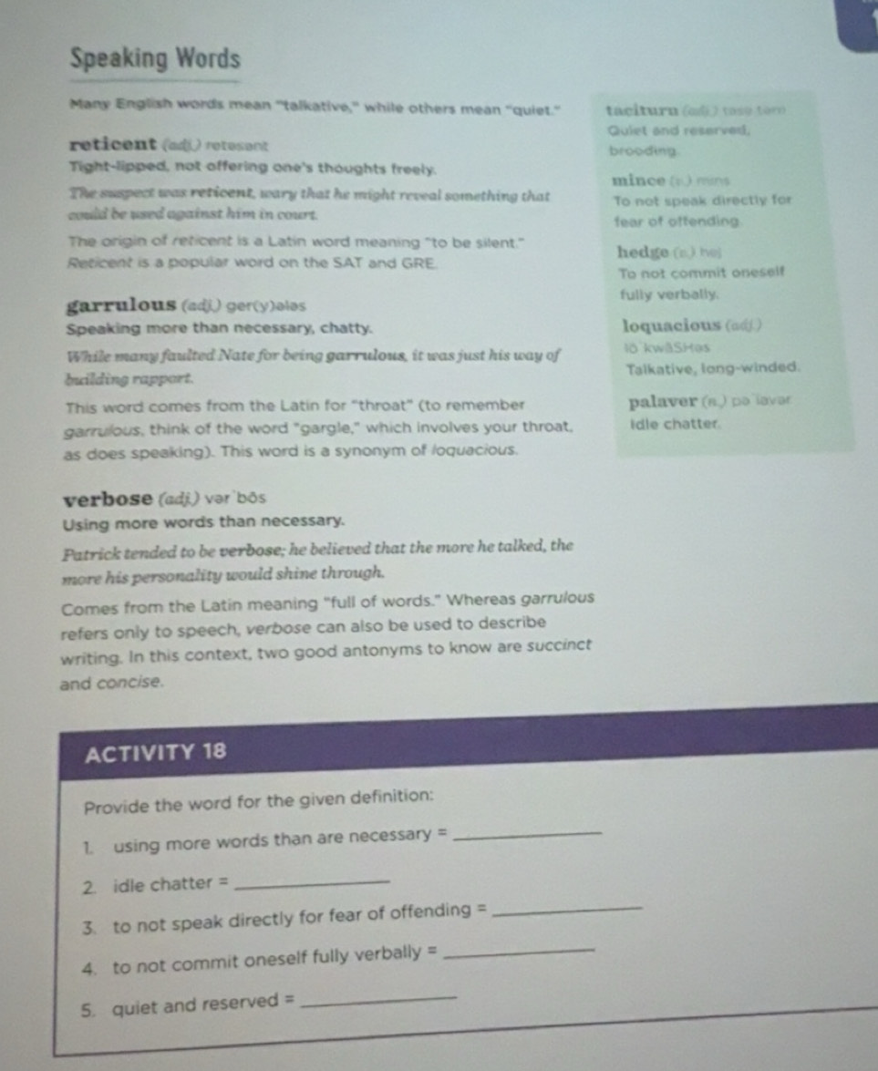 Solved: Speaking Words Many English words mean "talkative," while ...