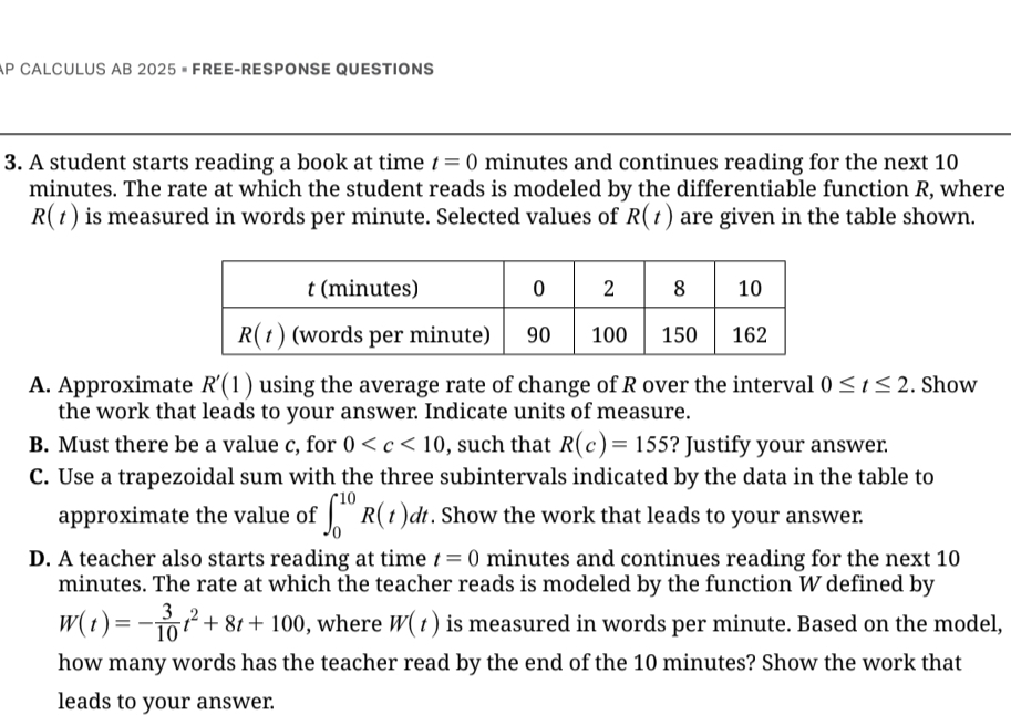 Solved: AP CALCULUS AB 2025 « FREE-RESPONSE QUESTIONS 3. A student ...