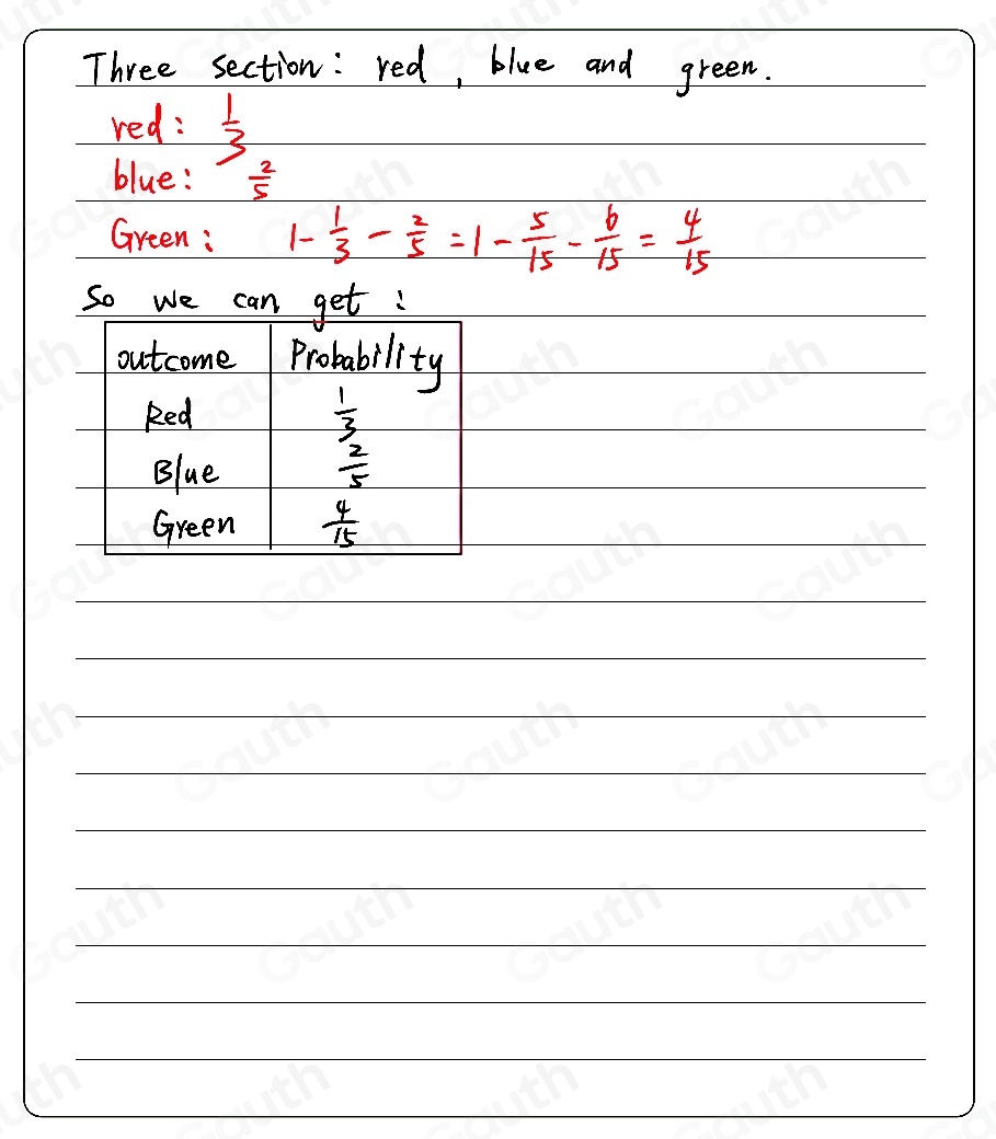 Solved: A spinner is divided into three sections: red, blue, and green ...