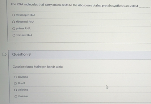 Solved: The RNA molecules that carry amino acids to the ribosomes ...
