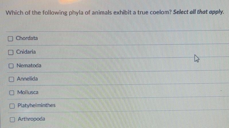 Solved: Which of the following phyla of animals exhibit a true coelom ...