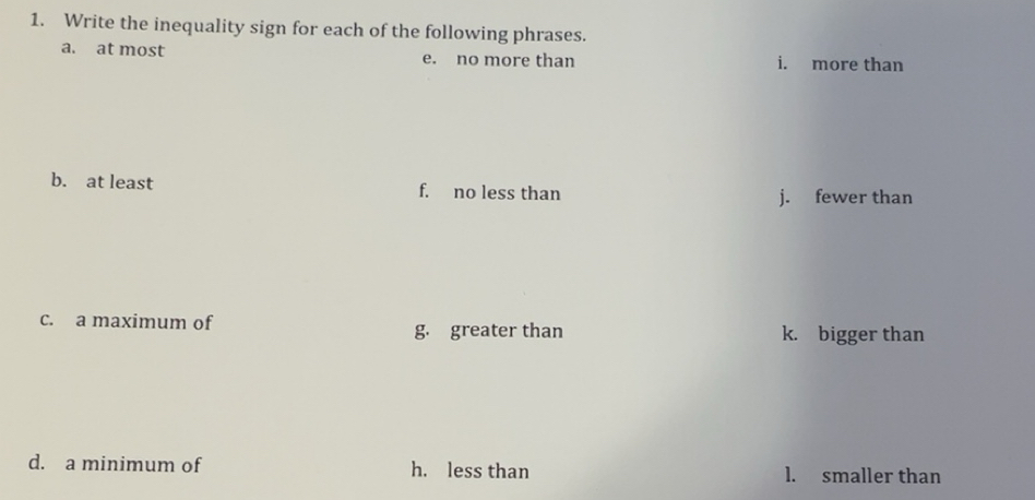 Solved: Write the inequality sign for each of the following phrases. a ...