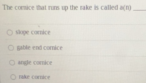 Solved: The cornice that runs up the rake is called a(n) _ slope ...