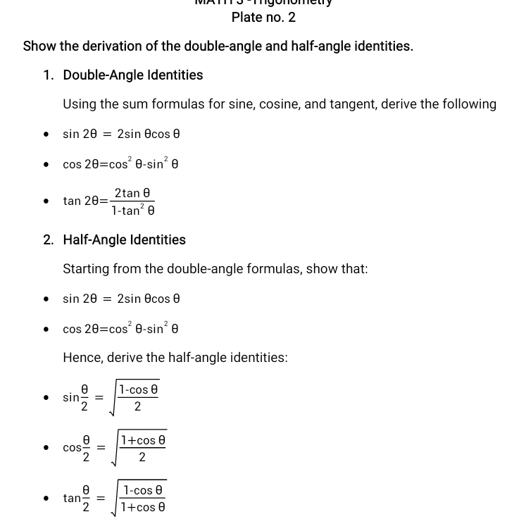 Solved: ngonometry Plate no. 2 Show the derivation of the double-angle ...