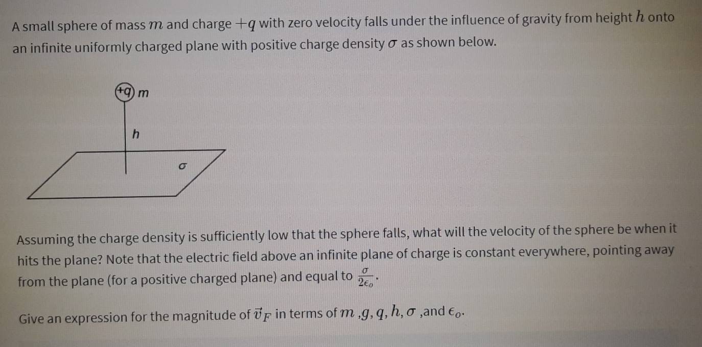 Solved: A small sphere of mass m and charge +q with zero velocity falls ...