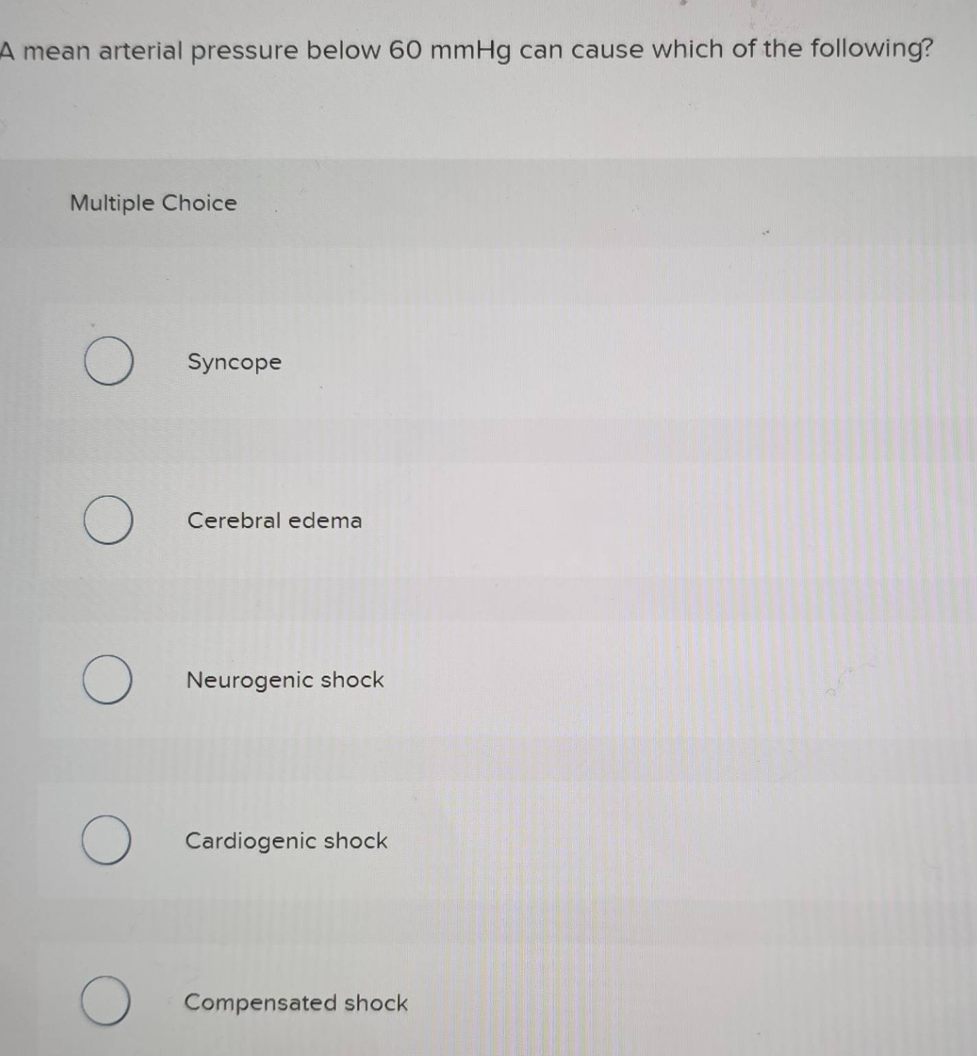 Solved: A mean arterial pressure below 60 mmHg can cause which of the ...